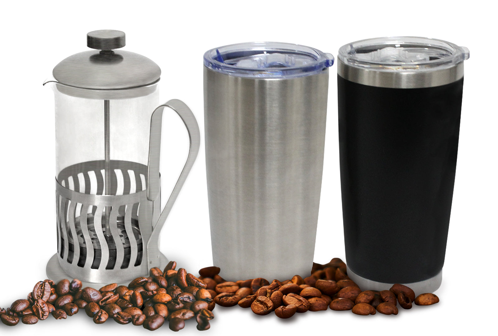 SET 2 TERMOS DE COLORES GRIS METÁLICO Y NEGRO, 20 OZ CON PRENSA FRANCE